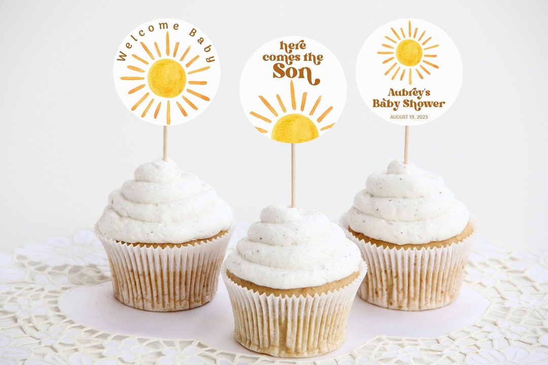Sun Baby Shower Cupcake Toppers, Editable Here Comes the Son Baby ...