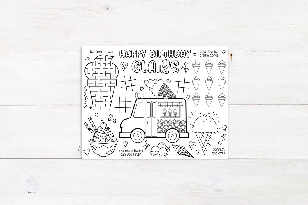 Ice Cream Truck Coloring Placemat, Ice Cream Party Coloring Page ...
