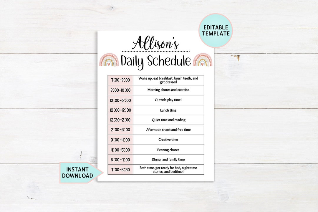 Editable Kids Daily Schedule Template, Daily Checklist for Kids, Daily ...