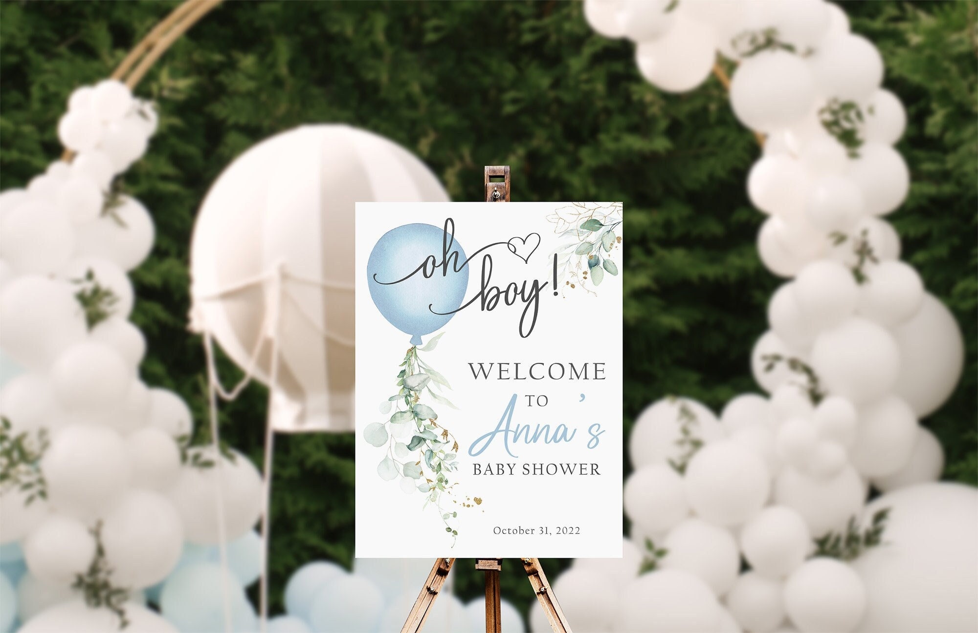 Greenery Blue Balloon Baby Shower Welcome Sign, Boy Baby Shower Sign, Blue Welcome Poster, Oh ...