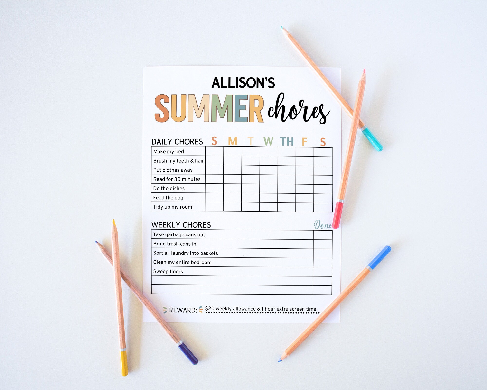 Editable Summer Chore Chart, Printable Chore Chart for Kids, Summer ...