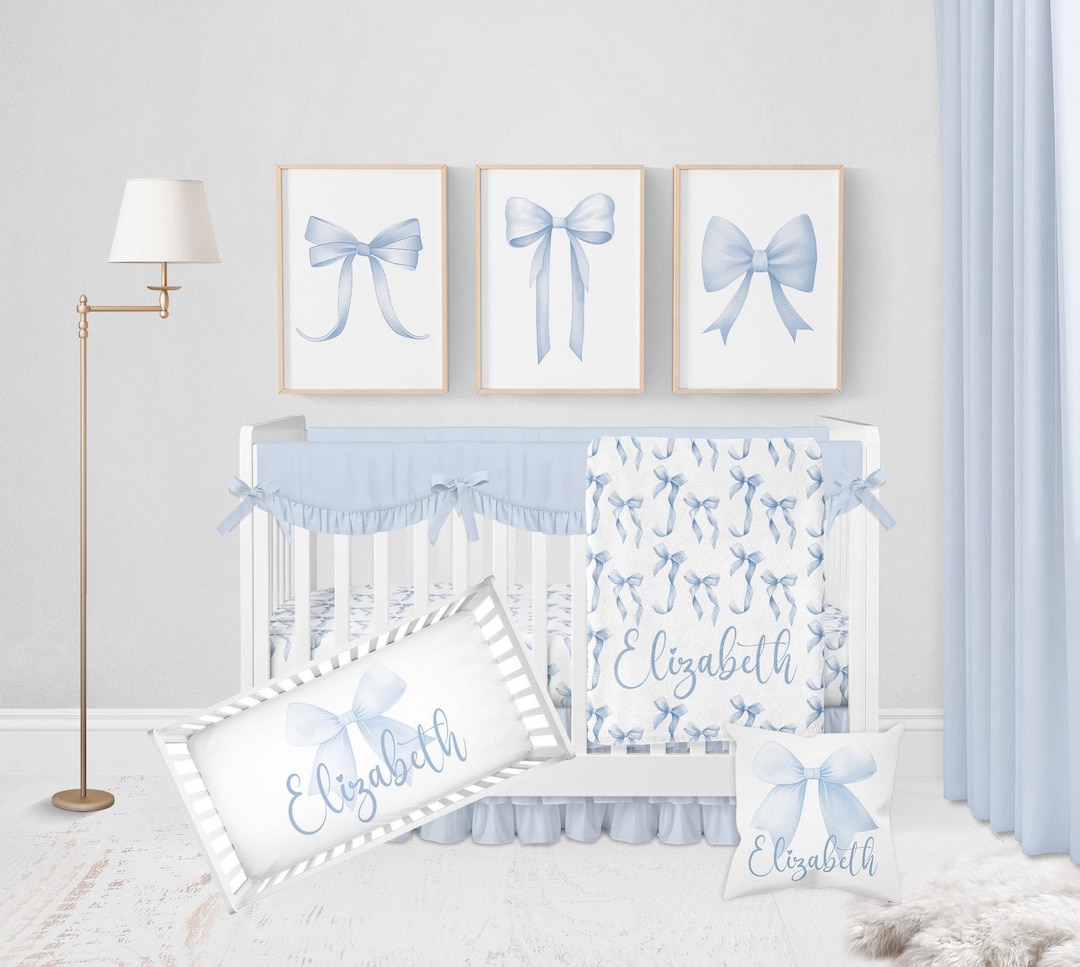 Baby Girl Crib Bedding Set, Blue Bow Crib Bedding Set Girl, Bow Baby ...