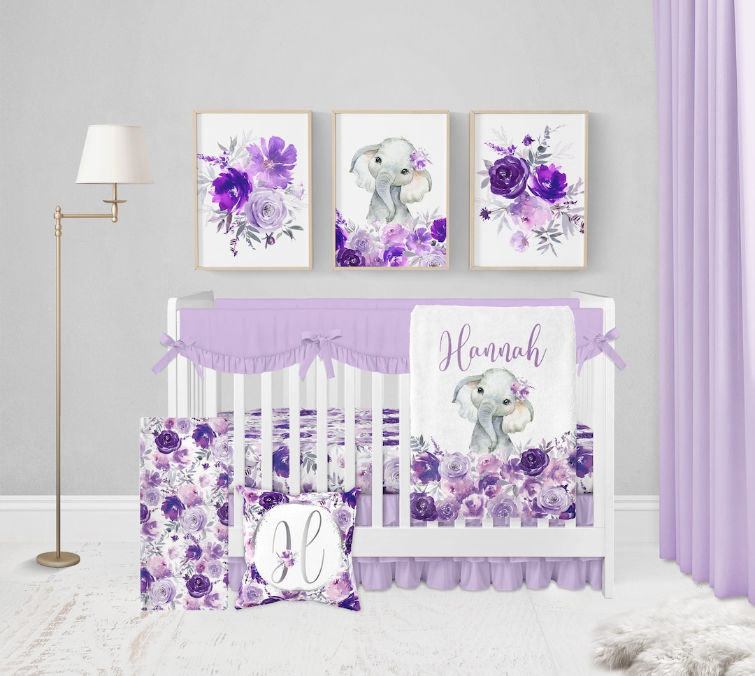 Elephant Baby Bedding Set, Baby Girl Crib Bedding Set, Purple Floral ...
