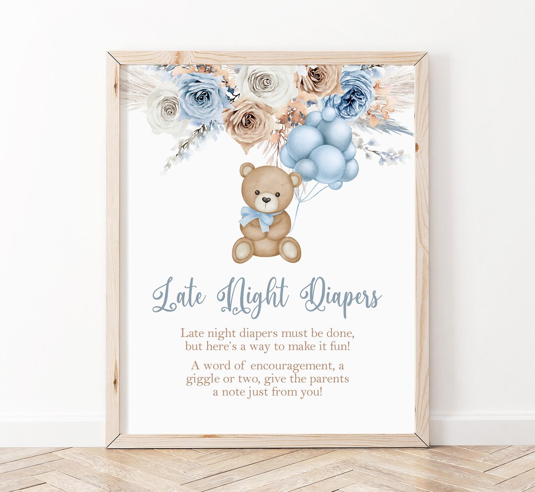 Late Night Diapers Sign, Teddy Bear Baby Shower Sign Boy, Boho Baby ...