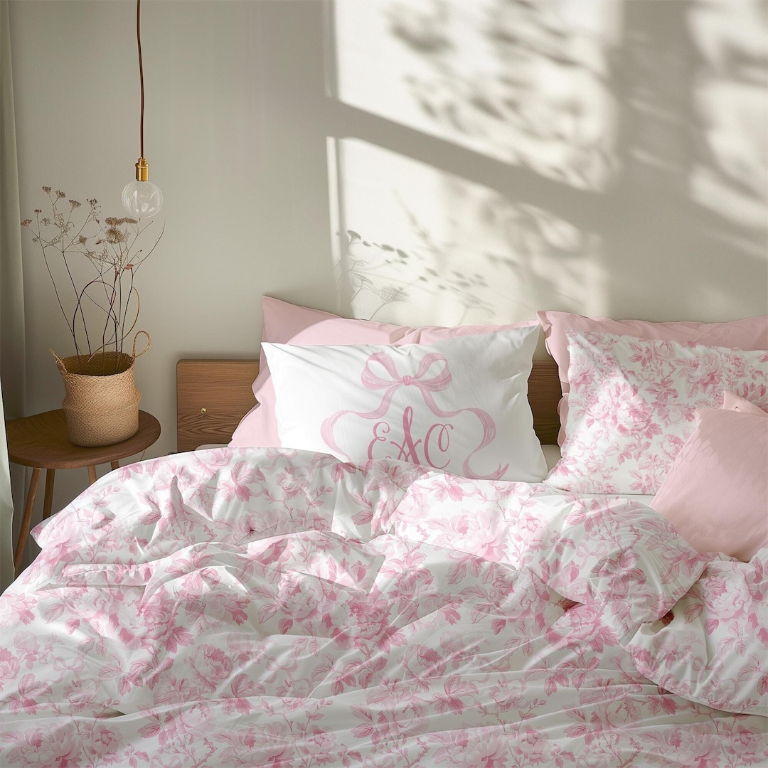 Pink Coquette Bedding Set, Preppy Duvet Cover Set, Pink Bow Bedding ...