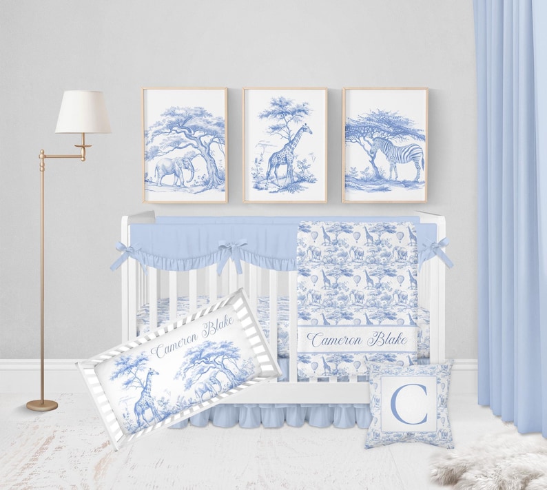 Safari Nursery Bedding Set, Baby Boy Crib Bedding, Blue Toile Crib ...