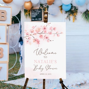 Cherry Blossom Welcome Sign, Pink Floral Baby Shower Welcome Sign, Baby Girl Baby Shower ...