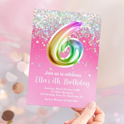 Editable 6th Birthday Invitation Template Rainbow Glitter - Etsy Australia