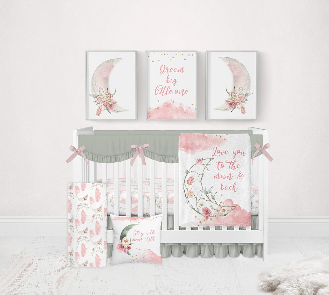 Pink Floral Moon Crib Bedding, Love You to the Moon and Back Baby Girl ...