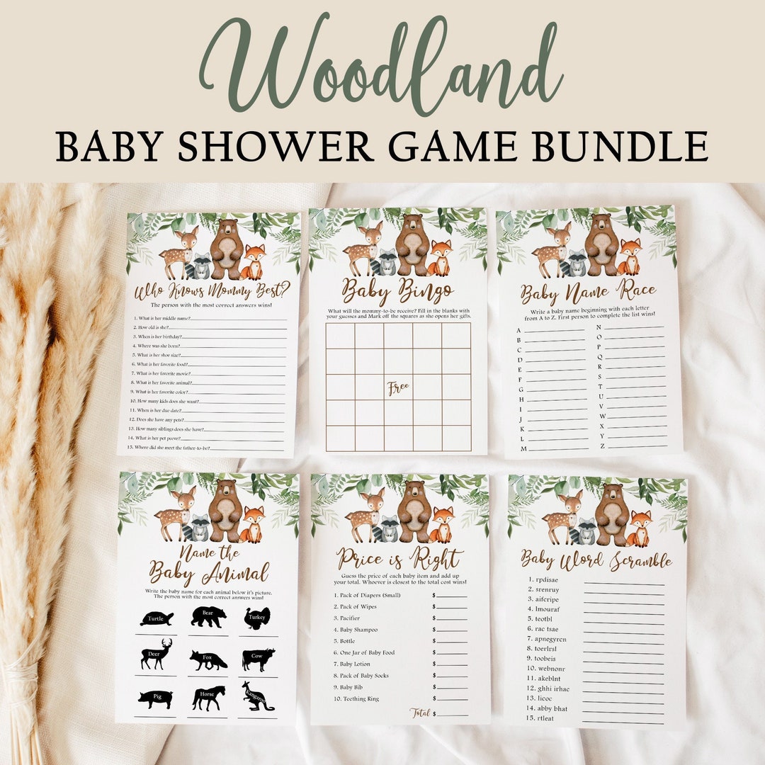 Woodland Baby Shower Games Bundle, Printable Baby Shower Games Pack ...