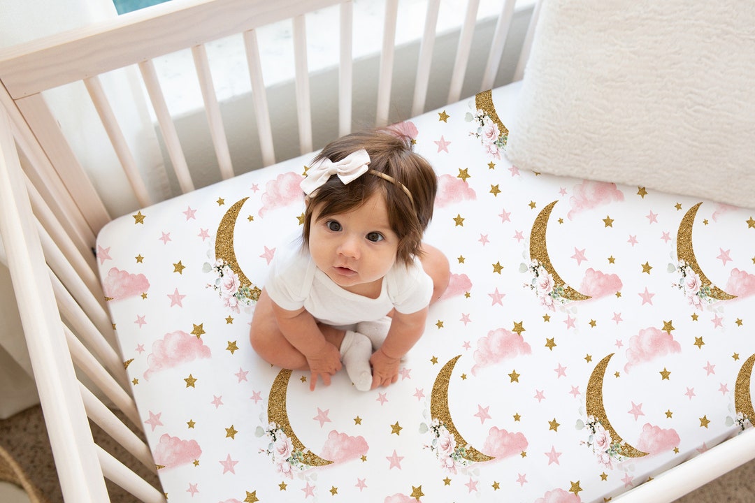 Pink Moon and Stars Crib Sheet, Crib Sheets Girl, Mini Crib Sheet, Baby ...