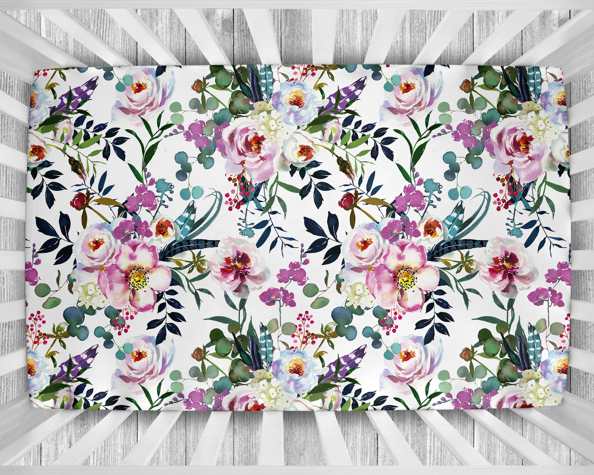 Floral Crib Sheets, Boho Floral Crib Sheet, Watercolor Floral Crib ...