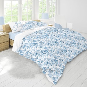Blue Floral Coquette Bedding Set, Preppy Duvet Cover Set, Blue Bow ...