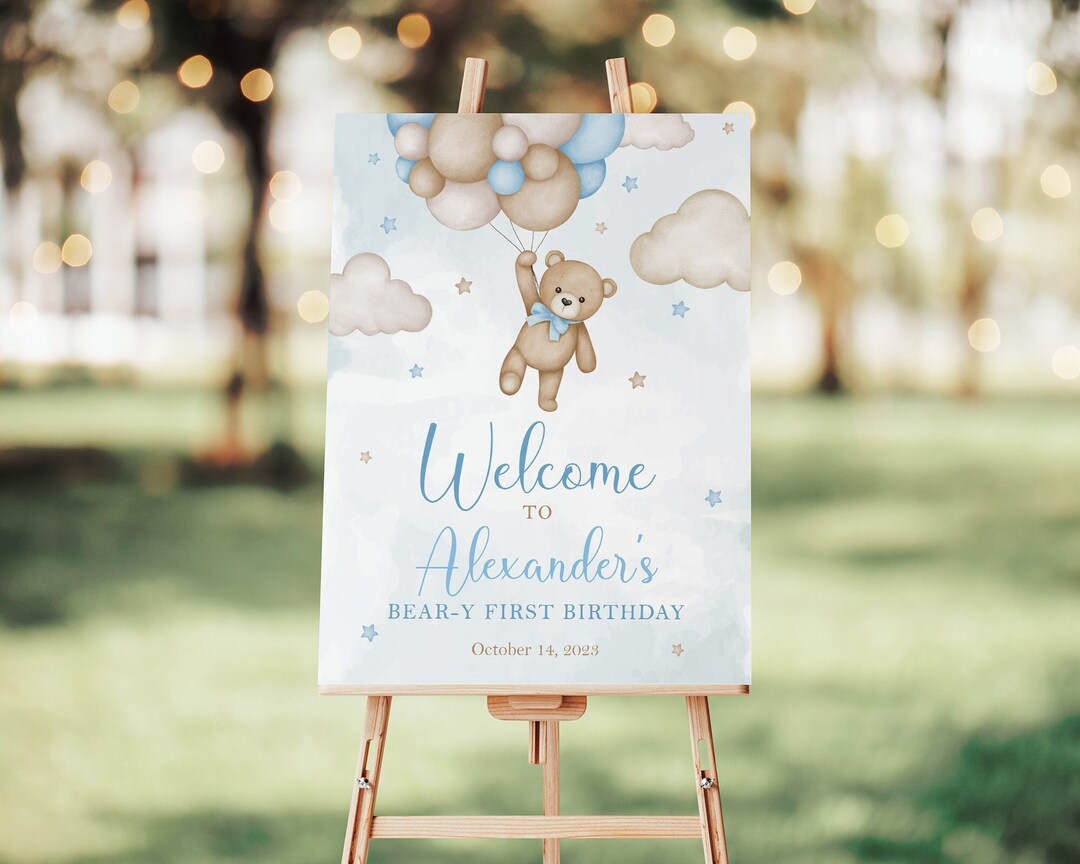 Beary First Birthday Sign, Teddy Bear Birthday Welcome Sign Boy, Bear-y ...