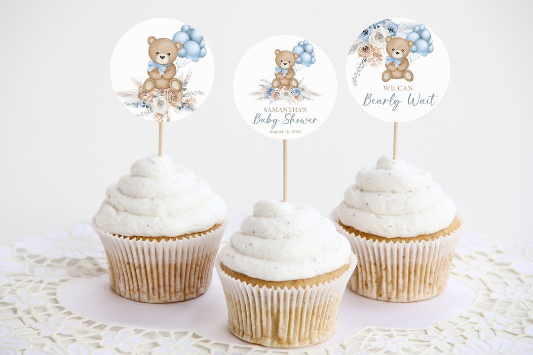 Editable Teddy Bear Cupcake Toppers, Blue Boho We Can Bearly Wait Baby Shower Decorations Boy ...