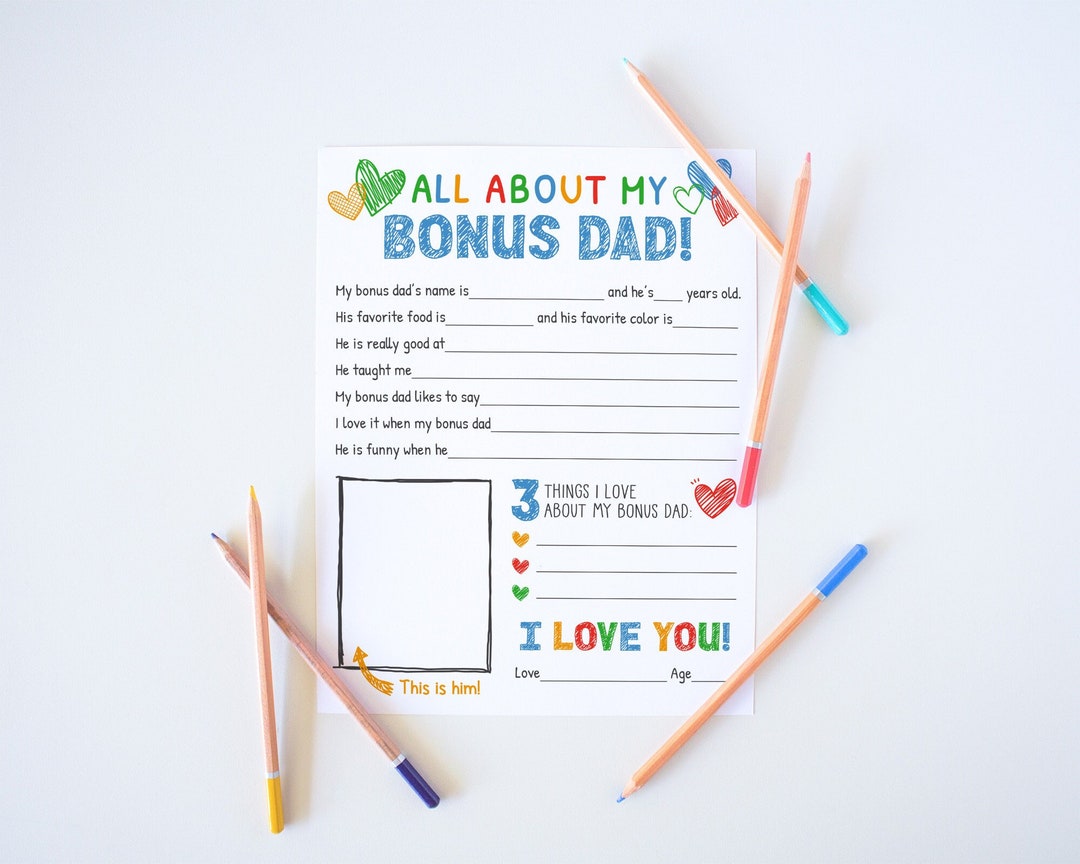 Fathers Day Gift Bonus Dad, All About My Bonus Dad Printable, Fill in ...