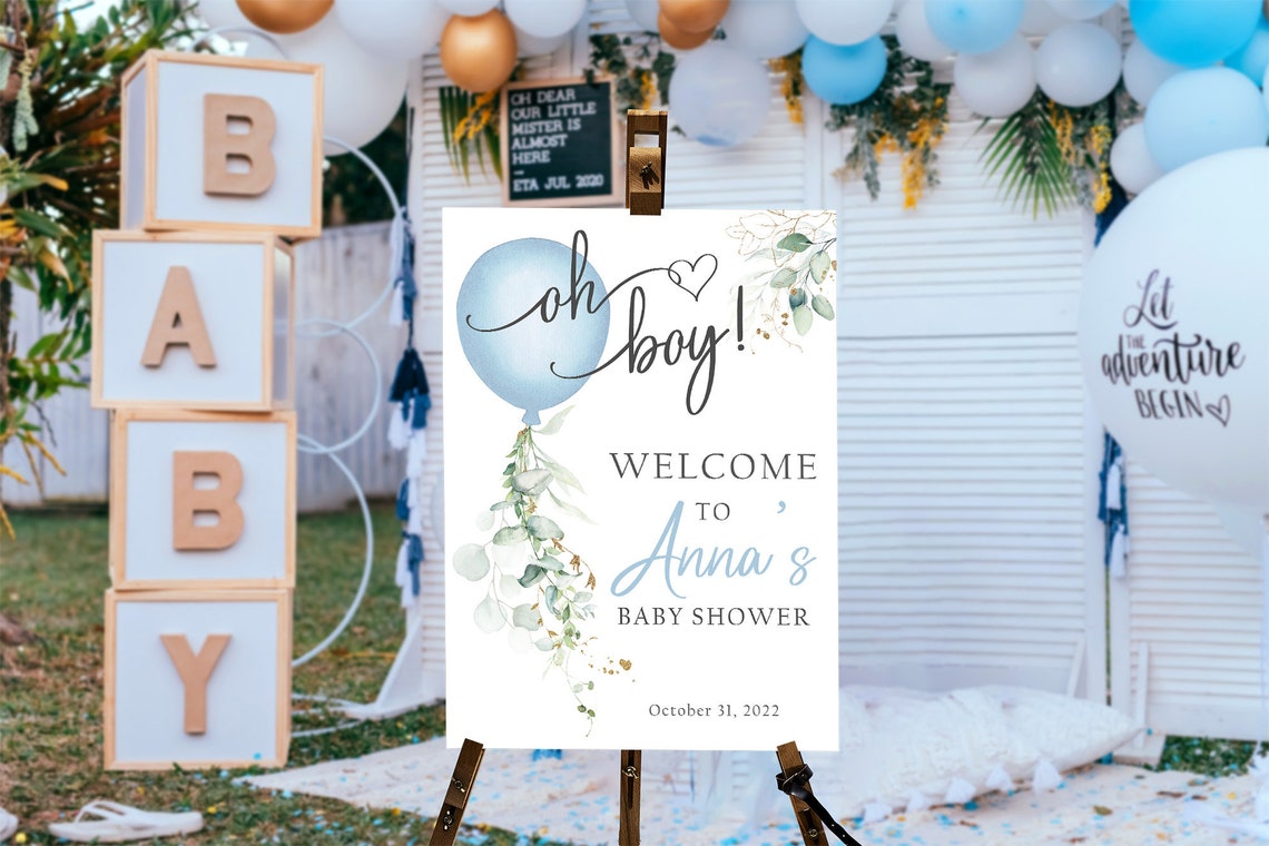 Greenery Blue Balloon Baby Shower Welcome Sign Boy Baby - Etsy