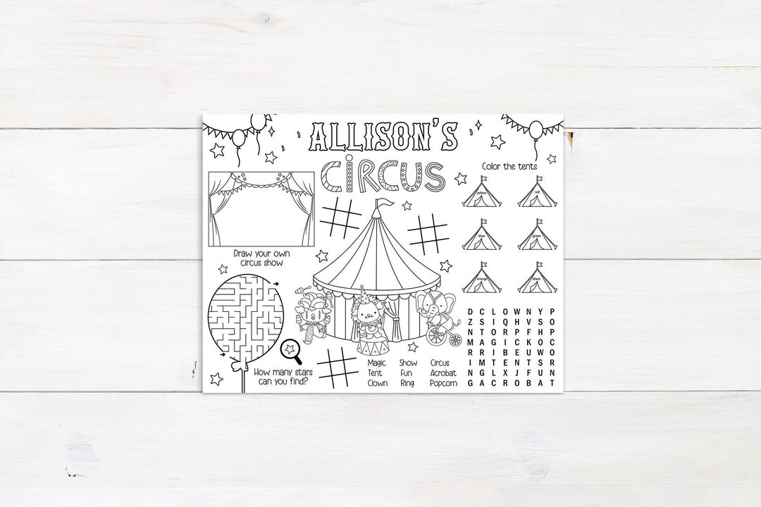 Editable Circus Coloring Placemat, Personalized Circus Party Table ...