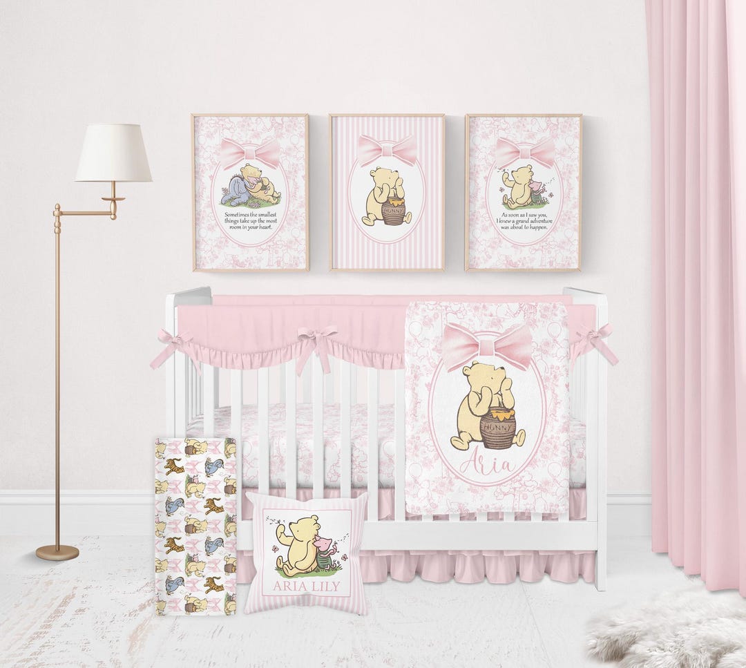 Winnie-the-pooh Crib Set, Pink Bow Bedding Set, Pink Baby Girl Bedding ...