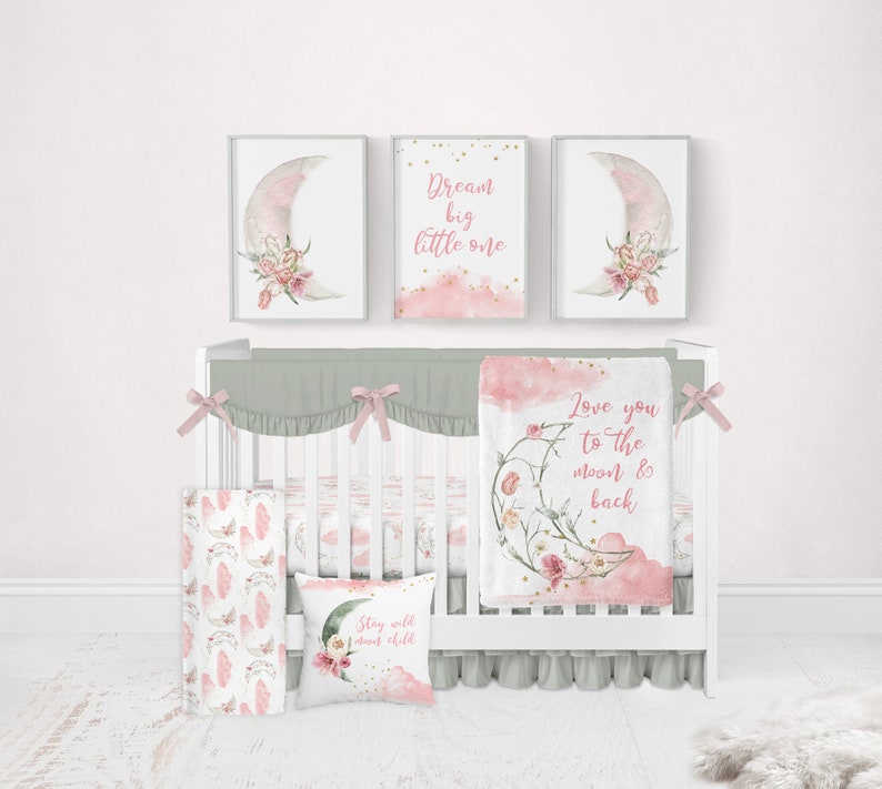 Pink Floral Moon Crib Sheet, Moon Crib Bedding, Moon and Stars Crib ...