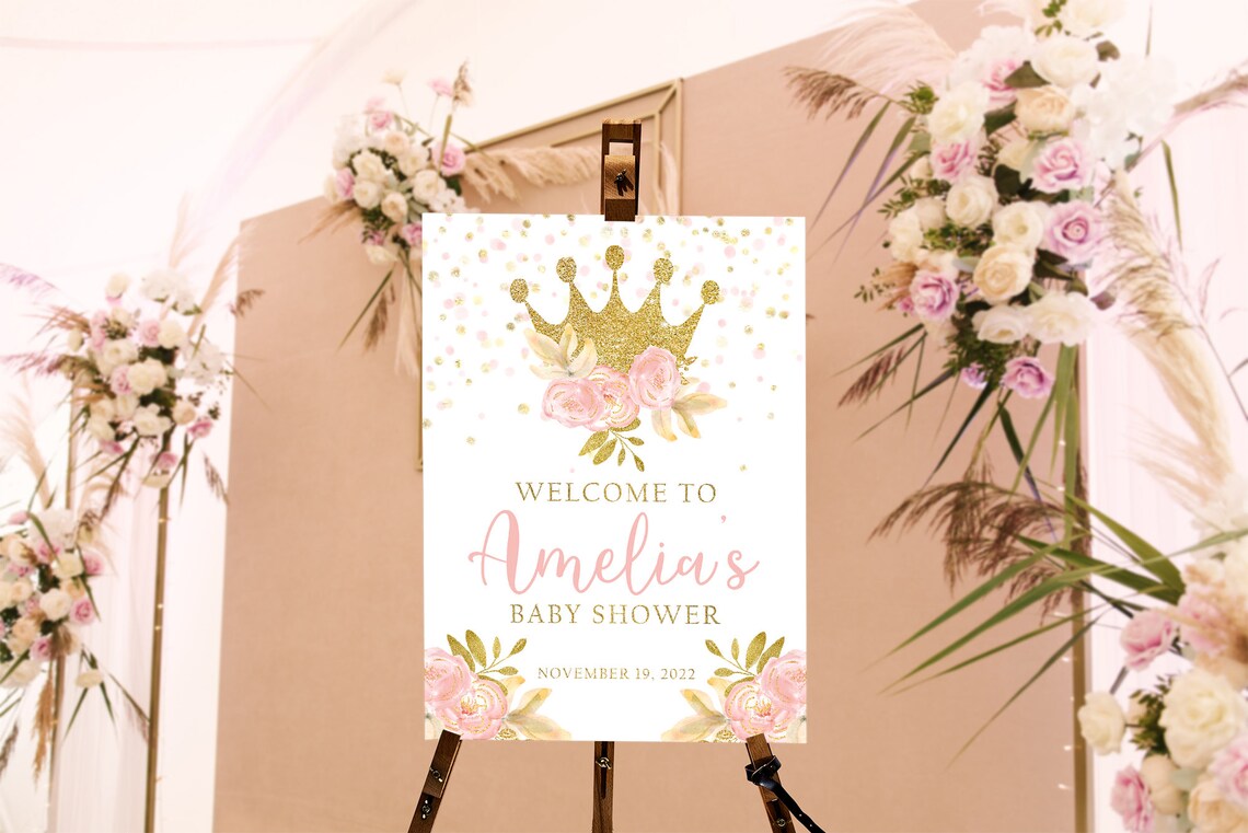 Princess Baby Shower Welcome Sign, Girl Baby Shower Decorations, Gold ...
