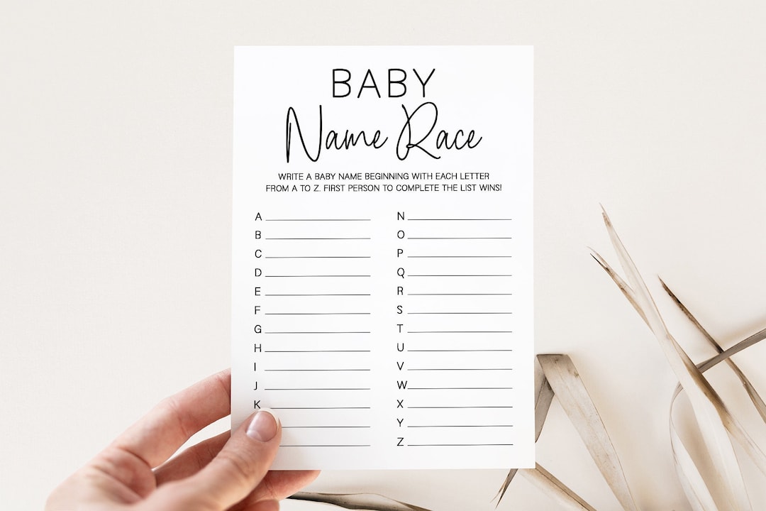 Baby Name Race Game, Minimalist Baby Shower Games, Black and White ...
