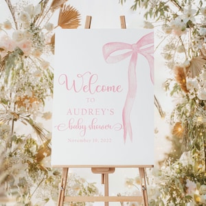 Pink Bow Baby Shower Welcome Sign, Pink Baby Shower Sign Girl, Bow Baby ...