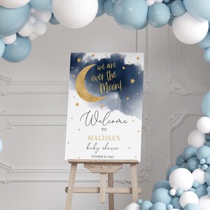 Over the Moon Baby Shower Welcome Sign, Blue Baby Shower Sign Boy ...