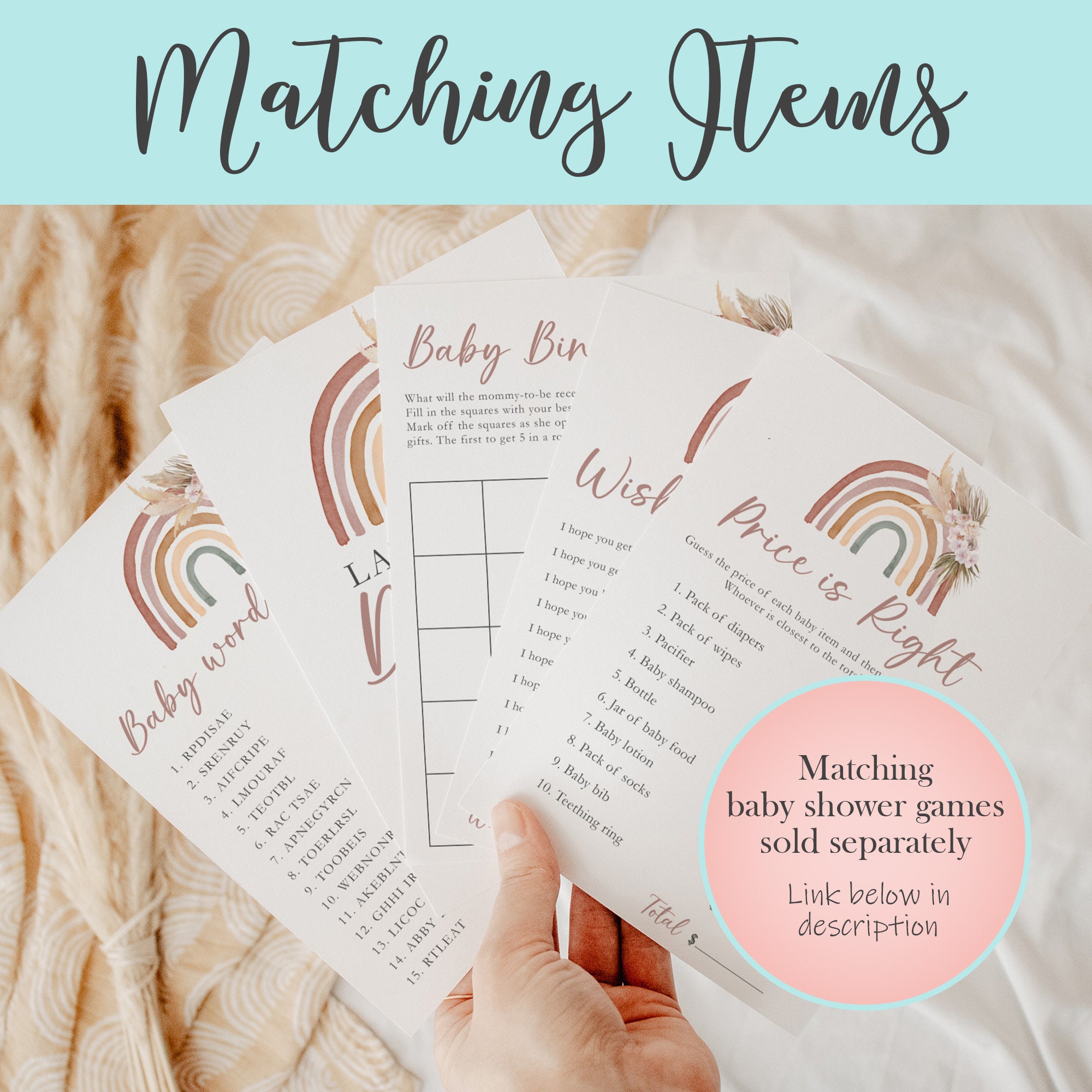 Baby Bingo Game, Rainbow Baby Shower Bingo Cards, Boho Baby Shower ...