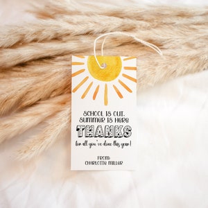 Summer Teacher Appreciation Gift Tag Template, Sunshine Thank You Tags ...