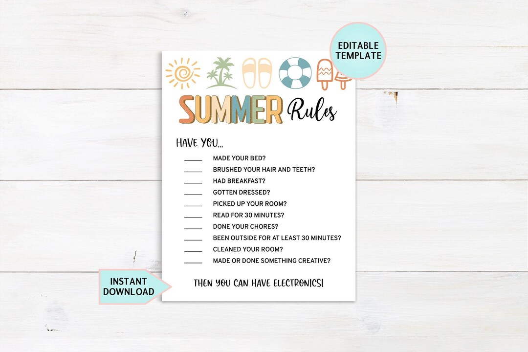 Editable Summer Screen Time Rules, Screen Time Checklist Printable ...