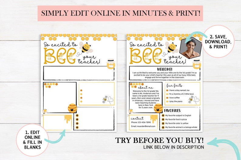 Meet the Teacher Template, Editable Teacher Printable, Bee Classroom ...