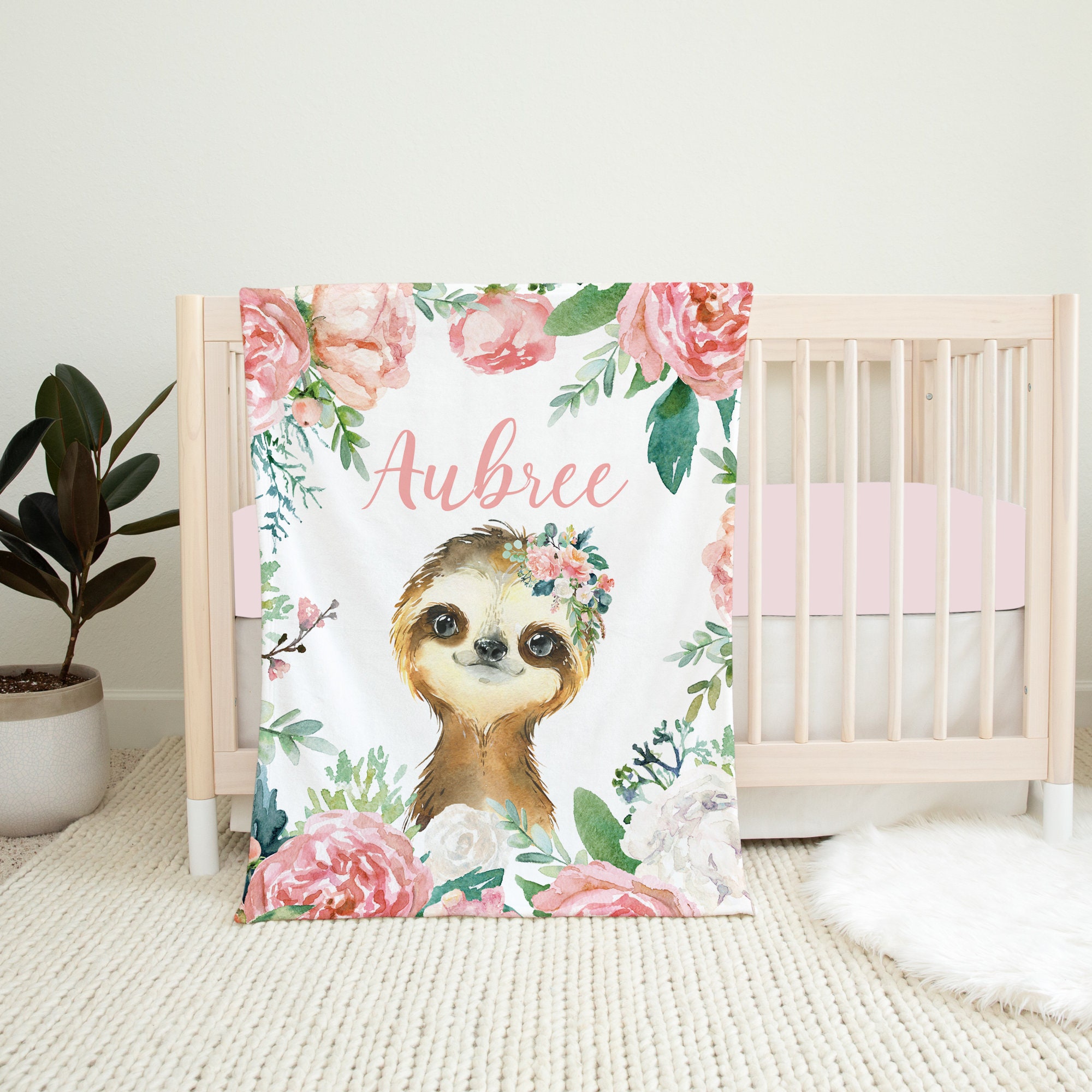 Floral Sloth Baby Blanket Sloth Nursery Personalized Name - Etsy