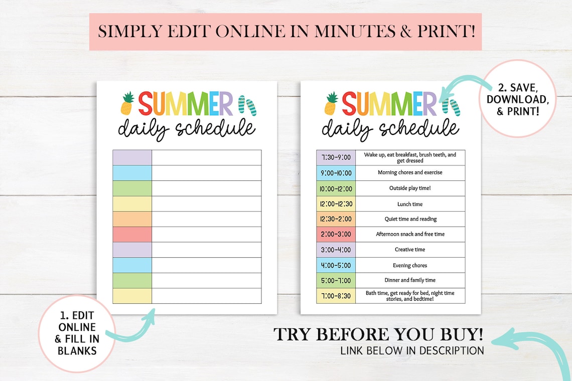 Editable Kids Daily Schedule Template, Summer Schedule Printable, Daily ...