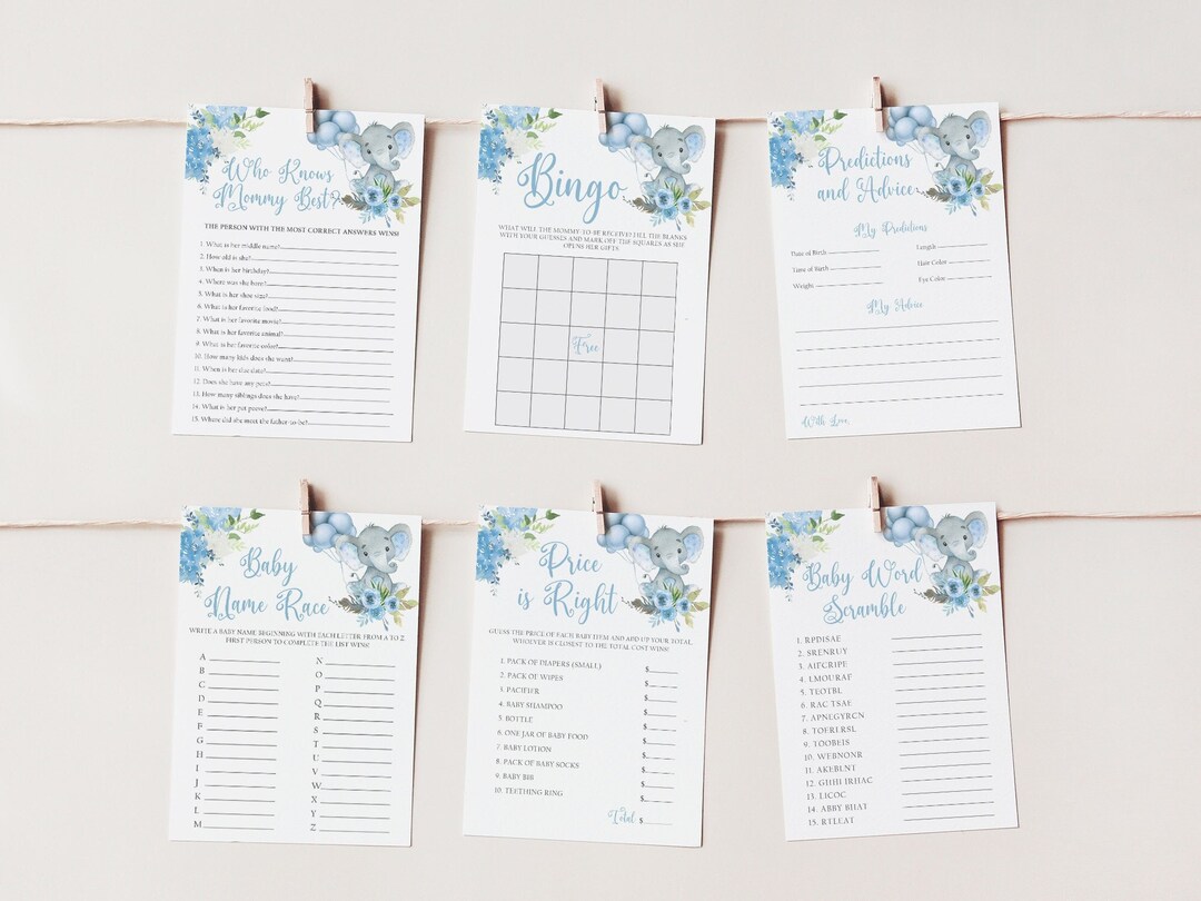 Elephant Baby Shower Games Bundle, Blue Elephant Baby Shower Bundle ...