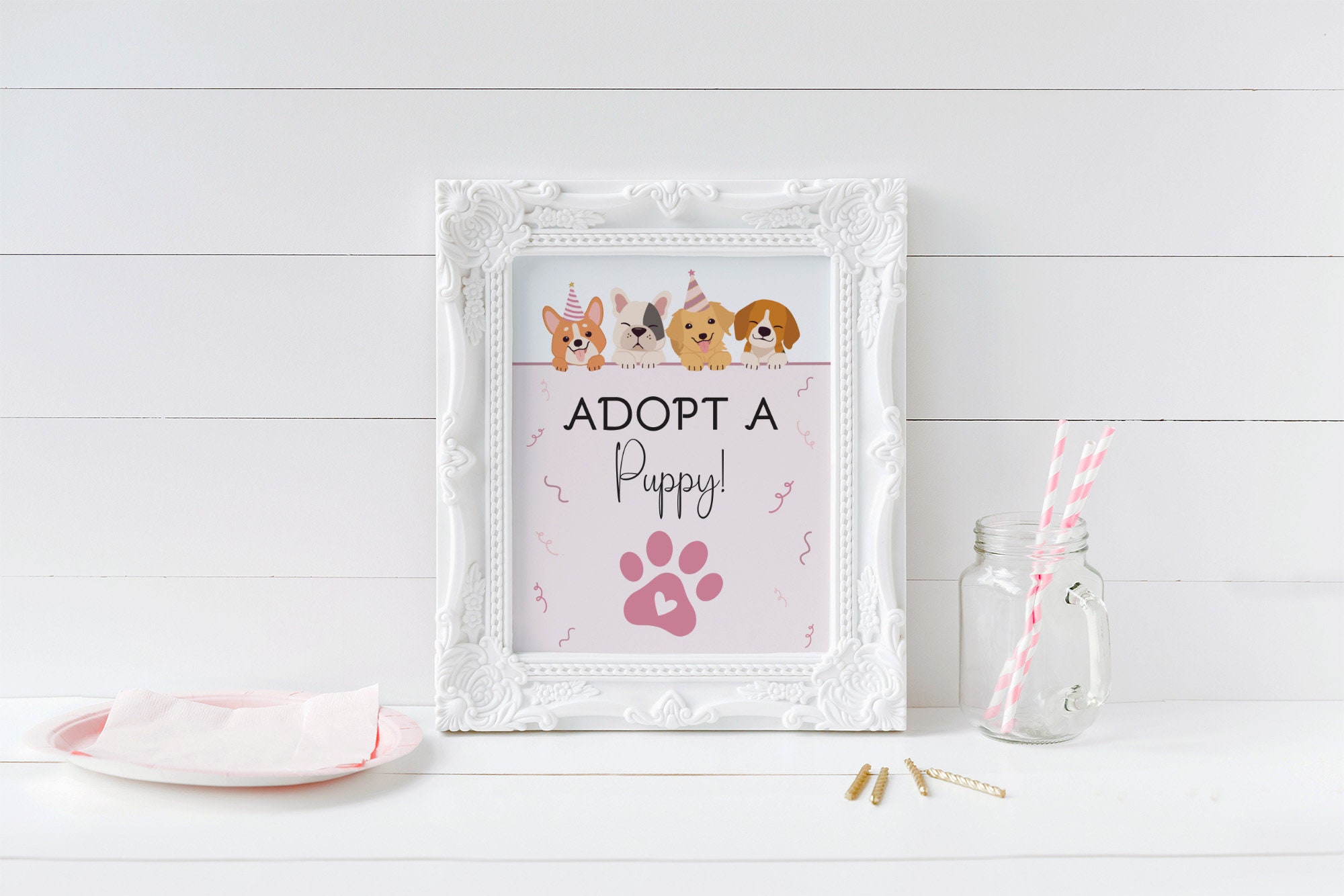 Adopt A Puppy Sign, Printable Puppy Party Signs, Puppy Party Games, Let ...