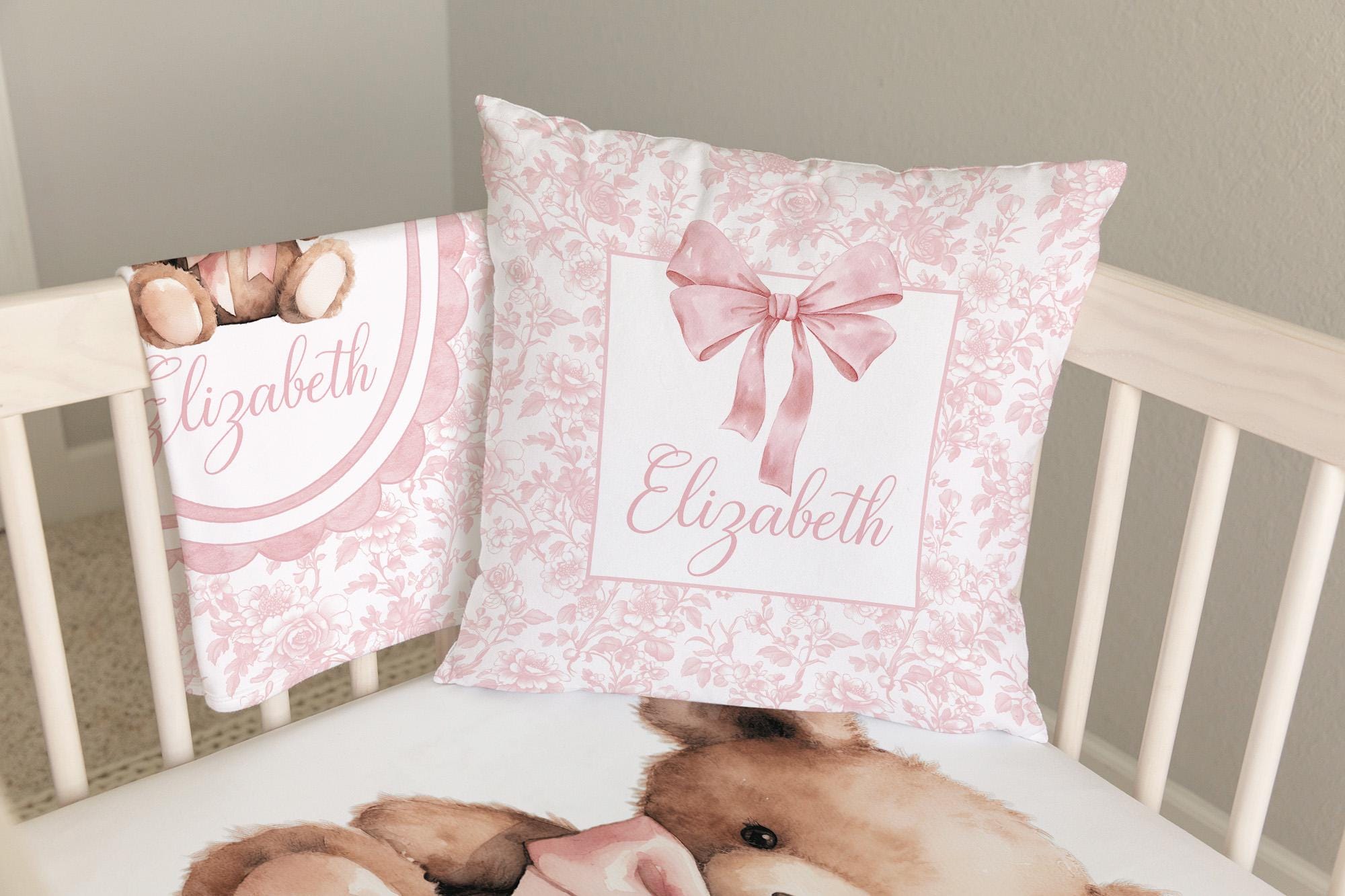 Teddy Bear Crib Bedding Set Girl, Pink Toile Crib Bedding, Vintage ...