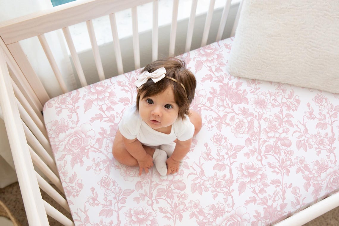 Pink Toile Crib Sheet, Toile De Jouy, Baby Girl Bedding, Pink Floral ...