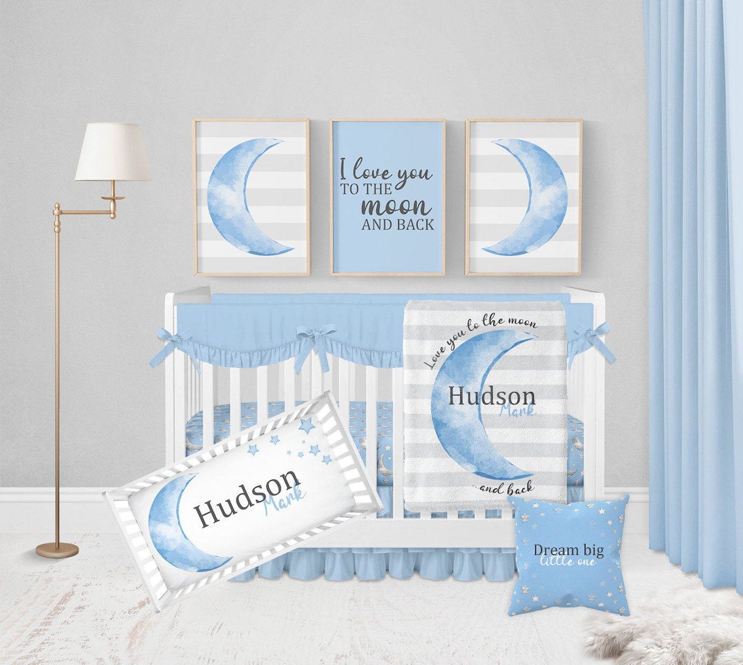 Moon Crib Bedding Set, Blue Baby Boy Crib Bedding, Moon and Stars ...