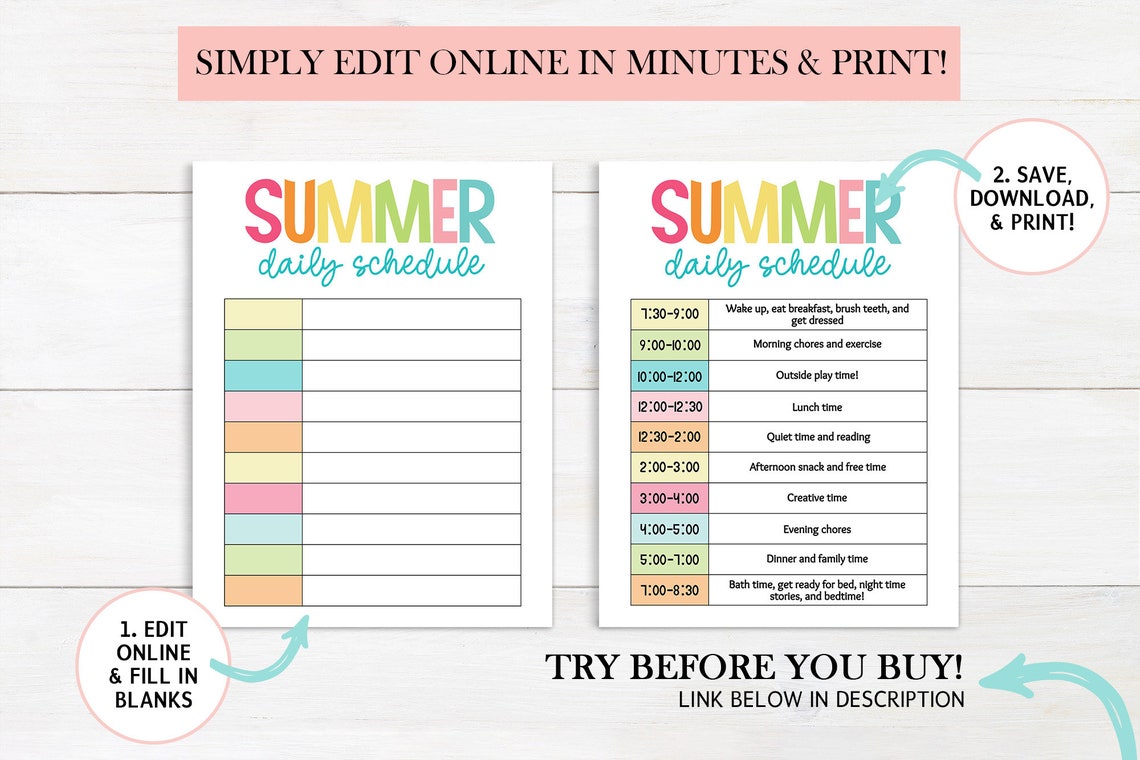 Editable Kids Daily Schedule Template, Summer Daily Checklist for Kids ...