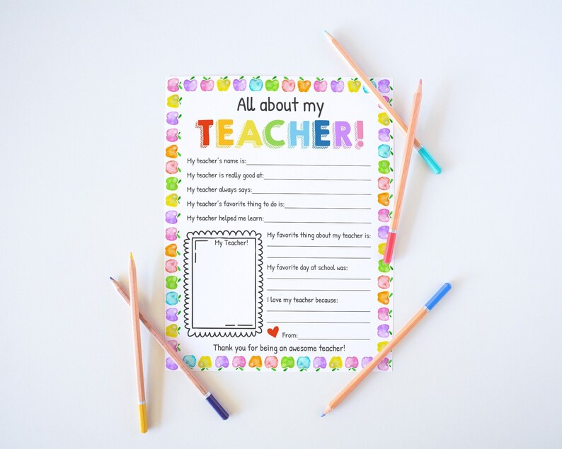 Teacher Appreciation Gift, All About My Teacher Fill In, End of Year ...