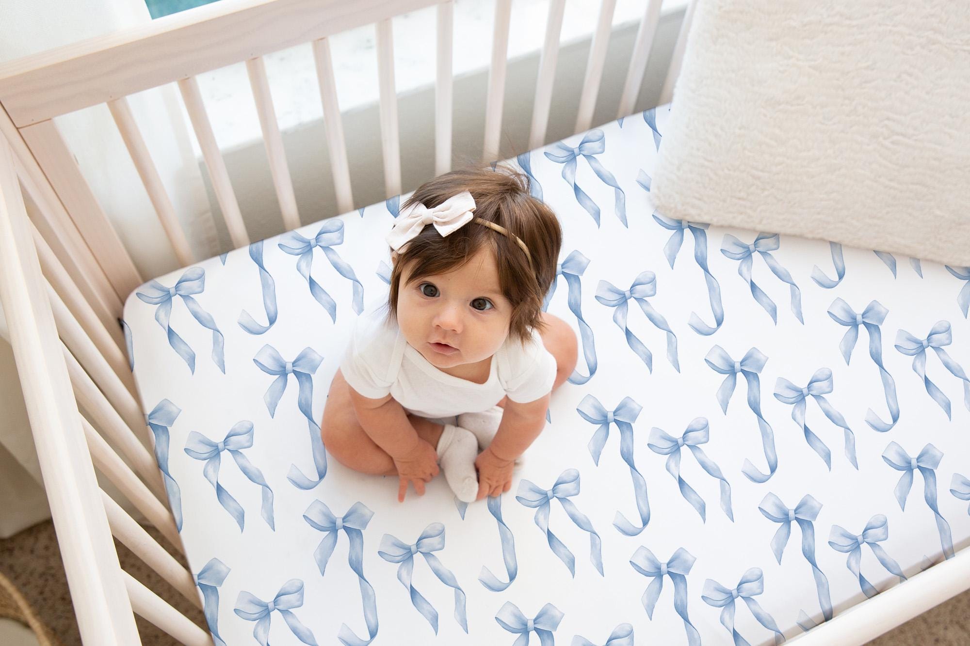 Baby Girl Crib Bedding Set, Blue Bow Crib Bedding Set Girl, Bow Baby ...