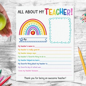 Teacher Appreciation Gift, All About My Teacher Rainbow Fill In ...