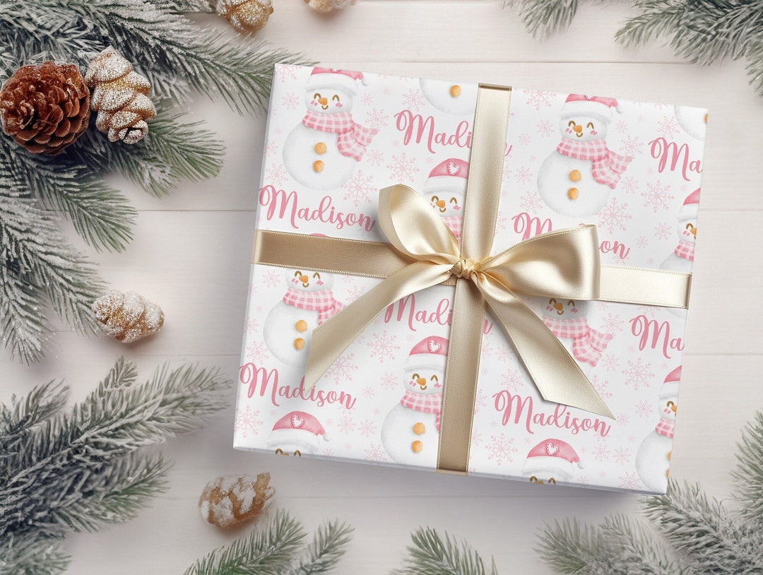Personalized Christmas Wrapping Paper, Pink Christmas Snowman Gift ...