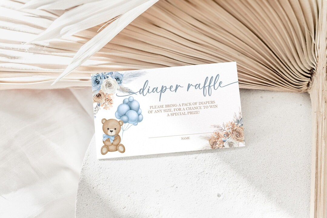 Boy Teddy Bear Diaper Raffle Card, We Can Bearly Wait Baby Shower ...