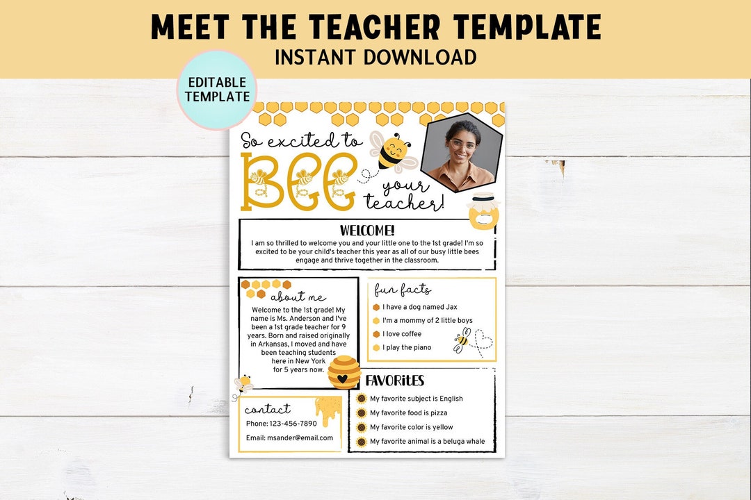 Meet the Teacher Template, Editable Teacher Printable, Bee Classroom ...