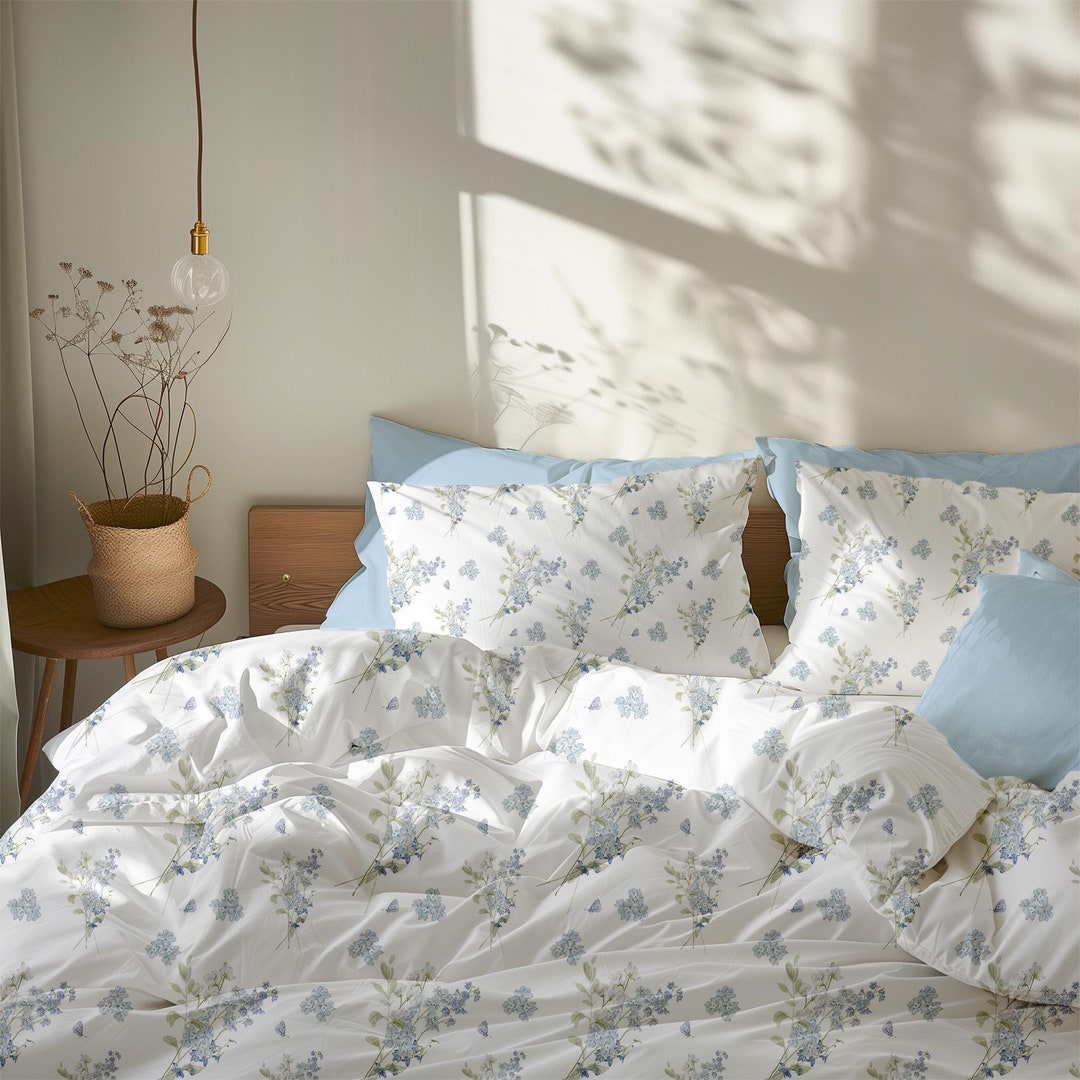 Blue Floral Bedding Set, Blue Flower Duvet Cover Queen, Blue Bedding ...