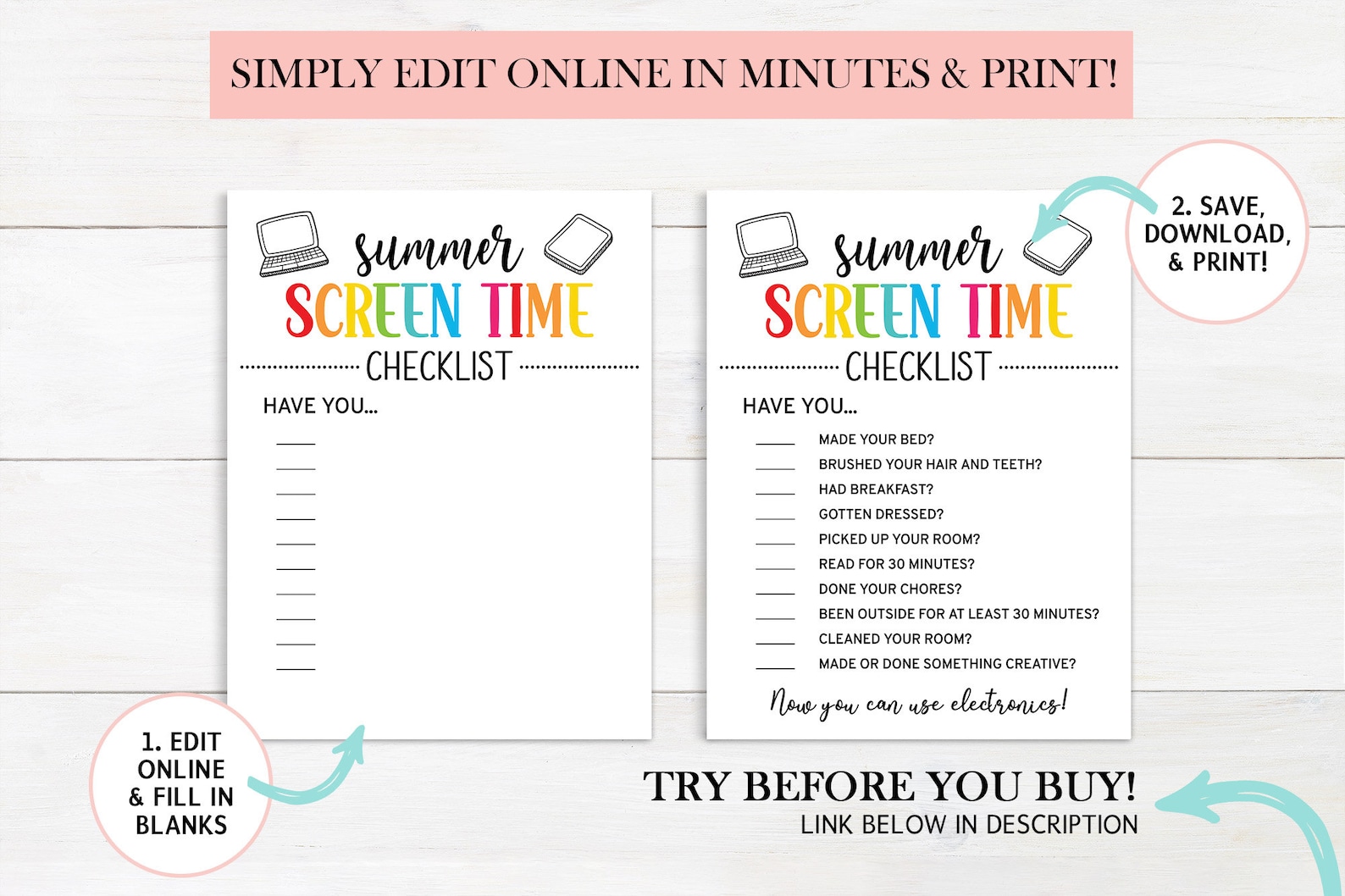 Editable Summer Screen Time Rules for Kids, Summer Planner, Printable ...