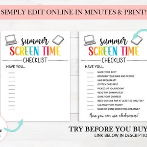 Editable Summer Screen Time Rules for Kids, Summer Planner, Printable ...