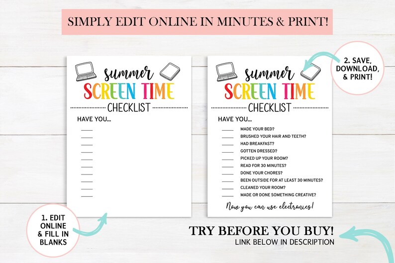 Editable Summer Screen Time Rules for Kids, Summer Planner, Printable ...